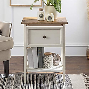 Walker Edison Natalee Modern Farmhouse 1 Drawer Wood Square Side Table Living Room Small End Accent Table, 19 Inch, Rustic Oak and White