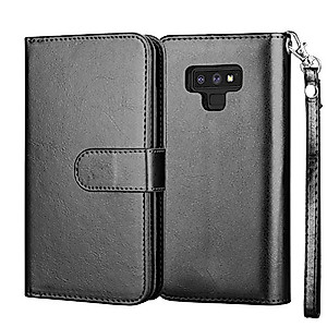 NJJEX for Galaxy Note 9 Wallet Case, for Note 9 Case, Luxury PU Leather [9 Card Slots] ID Credit Folio Flip Cover [Detachable][Kickstand] Magnetic Phone Case & Wrist Strap for Samsung Note 9 [Black]