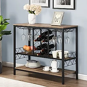 O&K FURNITURE Industrial Wine Rack Table with Glasses Holder, Liquor Bar Cabinet with Wine Storage, Freestanding Floor Wine Cabinet for for Bar, Buffet, Living Room