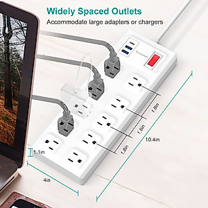 6 Ft Surge Protector Power Strip - 10 Widely Outlets with 3 USB Ports（1 USB C Port）, Flat Plug Heavy Duty Extension Cord(1875W/15A), Wall Mount, 2800 J, ETL,White