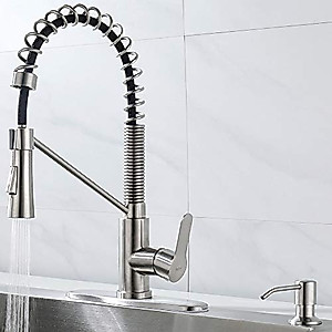 AMAZING FORCE Brushed Nickel Kitchen Faucet with Soap Dispenser Single Handle Kitchen Sink Faucet with Pull Down Sprayer Utility Sink Faucet Single Hole for Laundry Sink Stainless Steel Black Hose