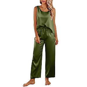 Ekouaer Womens Satin Pajamas Set Back Split Top and Long Pant Silk Pj Set Tank Sleepwear S-XXL Army Green