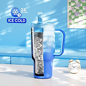 Meoky 32 oz Tumbler with Handle and Flip Straw, 100% Leakproof Tumbler with Lid and Straw, Stainless Steel Insulated Cup, Cupholder Friendly, Keeps Cold for 24 Hours (Sky)