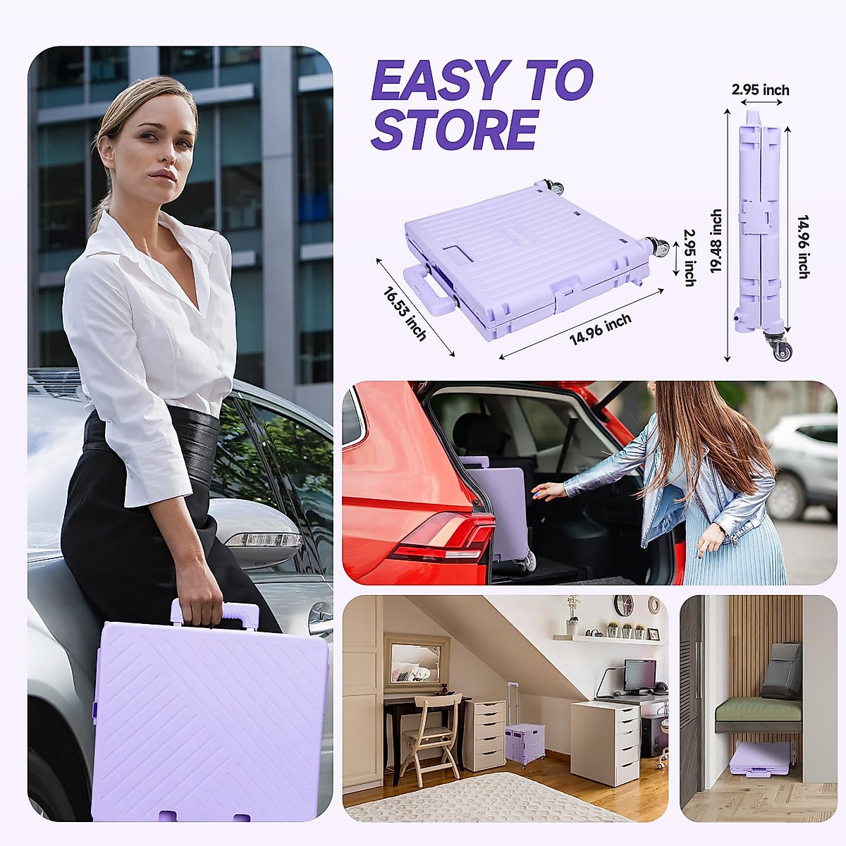 Honshine Foldable Cart with Stair Climbing Wheels, Collapsible Rolling Crate with Telescoping Handle, Handcart for Grocery Book File Tool Art Supplies(Lavender)