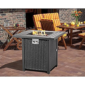HOMPUS Outdoor Propane Fire Pit Table 28-inch 40,000 BTU Imitation Wicker Square Glass Top Fire Table with Lava Rocks,Rain Cover Gas Smokeless Fire Pit for Outside Patio,Garden,Deck,Backyard