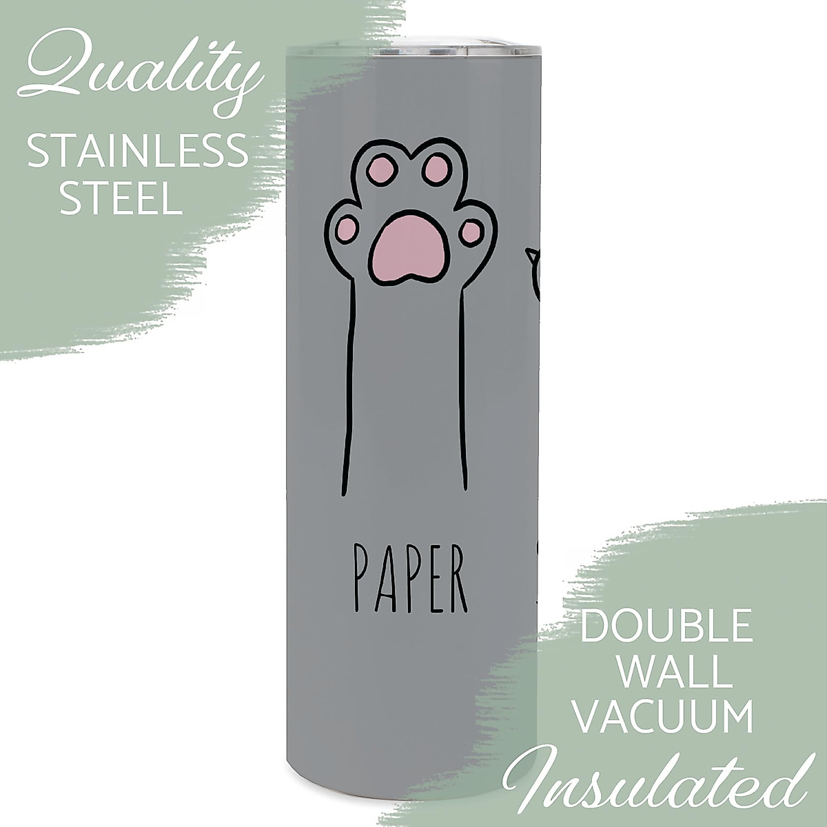 Elanze Designs Rock Paper Scissors Kitty Cat Paw Claws Wrap-Around Design 20 Ounce Stainless Steel On-The-Go Coffee Travel Insulated Skinny Tumbler Mug Cup, Slide Top Lid, MRC-20OZ-SH286