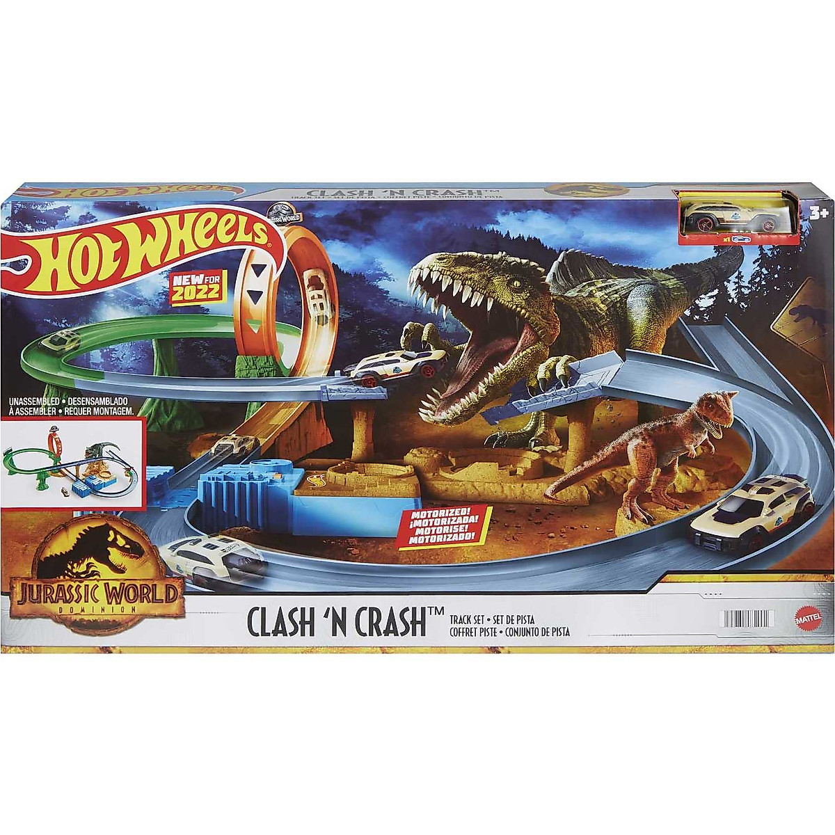 Hot Wheels Jurassic World Dominion Toy Cars Track Set, Clash 'N Crash Playset with Motorized Booster & 1:64 Scale Car