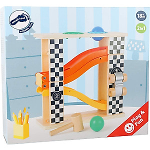 Small Foot Wooden Toys - Wooden Marble Run and Knock Hammer Bench in Rally Design