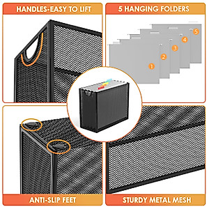 Sinboun Hanging File Organizer Letter-Size File Holder Filing Box Includes 5 Hanging Folders - Metal Mesh Magazine Book Letter Storage Cabinets File Cart for Office Home School, No Assembly Required