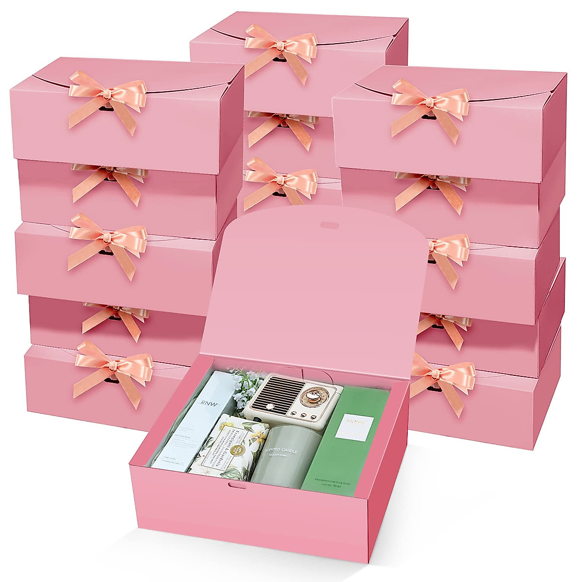 PEKGRIL 15 PCs Gift Boxes with Lids, Pink 10X8X4 Inch Gift Boxes, Bridesmaid Proposal Box with Ribbon, Kraft Paper Boxes for Wedding, Packaging, Present, Birthday, Christmas, Party