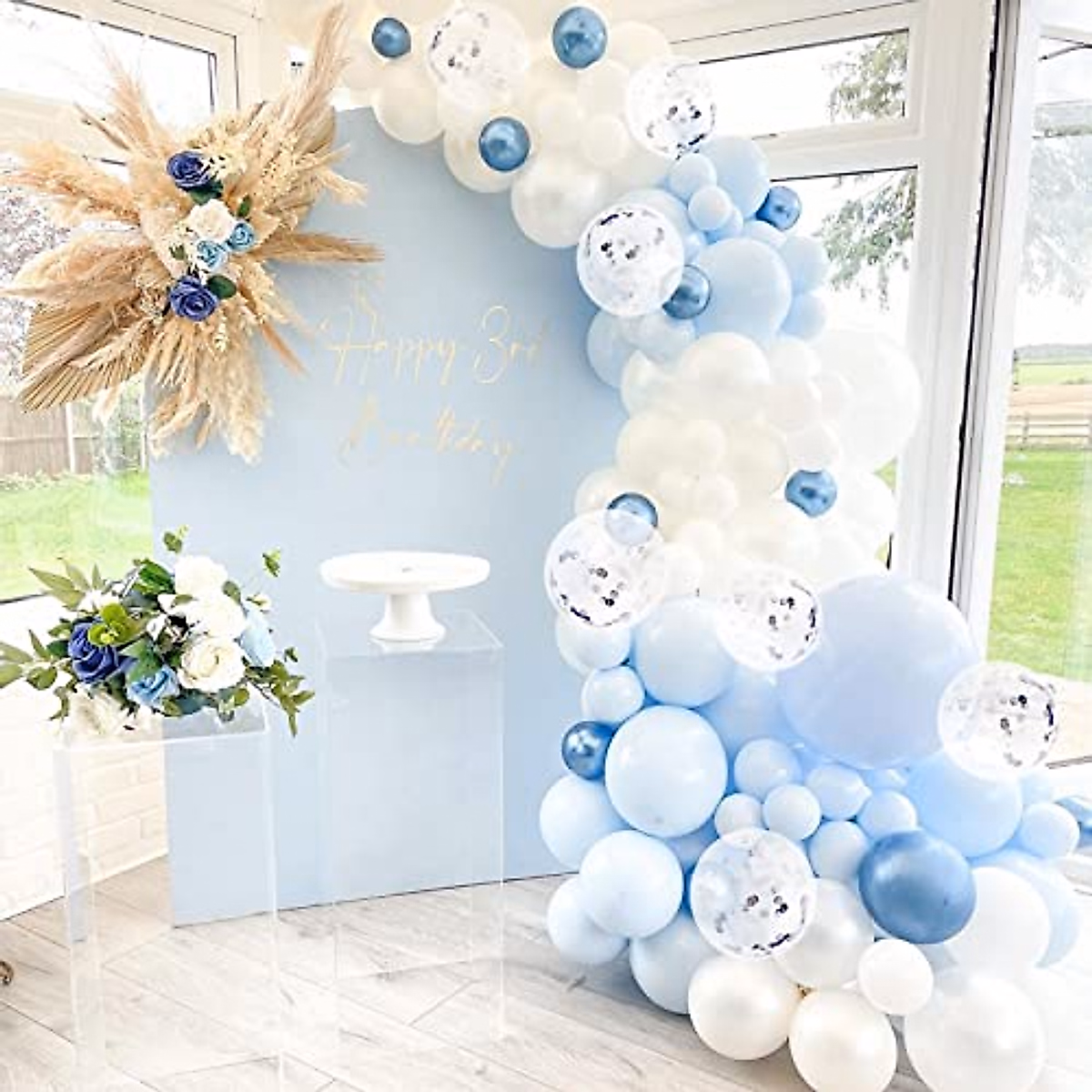 Blue Balloon Garland Arch Kit, Metallic Blue White and Silver Confetti Latex Balloons for Baby Shower Birthday Wedding Graduation Anniversary Frozen Winter Wonderland Party Background Decorations