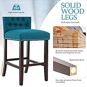 Brage Living 28 Inch Bar Stool, Linen Fabric Button Tufted Barstool with Back, Solid Wood Legs, Nailhead Trim, Upholstered Armless Bar Chair for Kitchen Dining Cafe (Lake Blue)