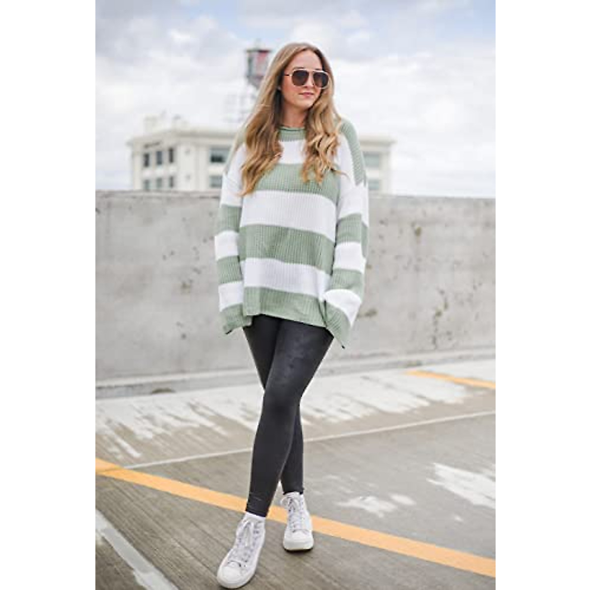 ZESICA Women's 2023 Fall Long Sleeve Crew Neck Striped Color Block Comfy Loose Oversized Knitted Pullover Sweater,Green,Small