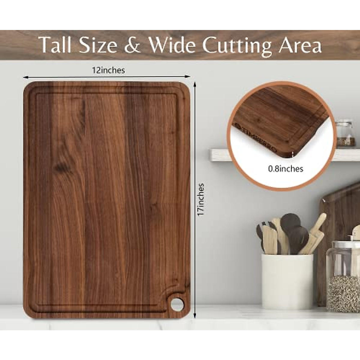 Walnut Cutting Board by Timberro (17x12x0.8 Inches) with Hanging Hole, Built-in Handles, and a Deep and Wide Juice Groove, Edge Grain, Finished with Mineral Oil, Tall Size