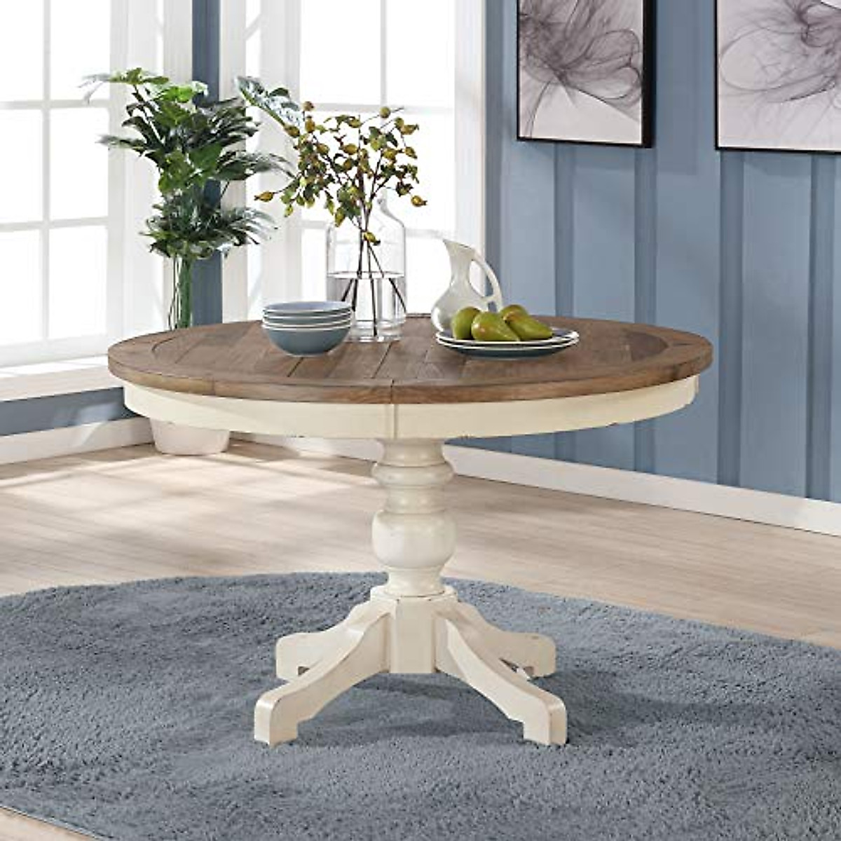 Roundhill Furniture Prato 5-Piece Round Dining Table Set with Cross Back Chairs, Antique White and Distressed Oak