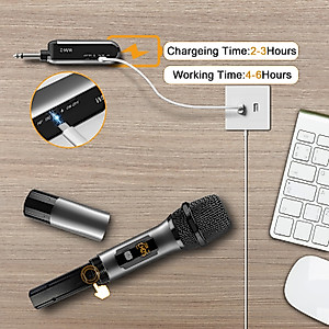 VeGue Wireless Microphone, UHF Cordless Dual Handheld Dynamic Mic Set with Rechargeable Receiver, for Karaoke Party, Voice Amplifier, PA System, Singing Machine, Church, Wedding, Meeting, 200ft (WM-2)