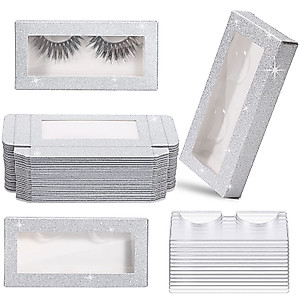 Noverlife 60PCS Empty Eyelash Packaging Box and Tray, 30 False Eyelash Storage Case 30 Transparent Tray, Lash Packaging Storage Container Lash Case Holder Tray Fake Lashes Holder Set - Glitter Silver