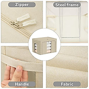 3 Pack Clothes Storage Bins Stackable Large Capacity Metal Frame Storage Box Large Capacity Foldable Oxford Fabric Clothes Container Organizer with Clear Window (Extra Large-100L, Beige)