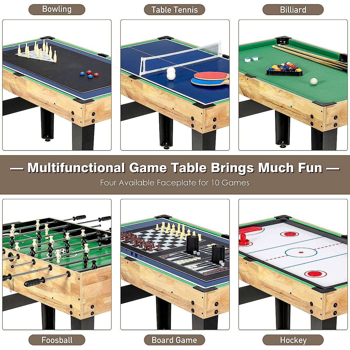 Giantex 10-in-1 Multi Game Table, Combo Game Table Set w/Hockey, Foosball Pool Ping-Pong Chess Cards Checkers Bowling, Shuffleboard, Backgammon, Adult Size Foosball Table for Game Room, Family