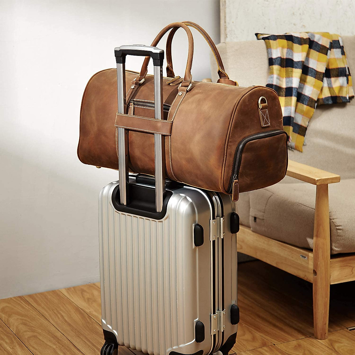 BOSTANTEN Duffle Bags for Men Genuine Leather Travel Bag and Leather Backpack 15.6 inch laptop Backpack Travel College Bag Black