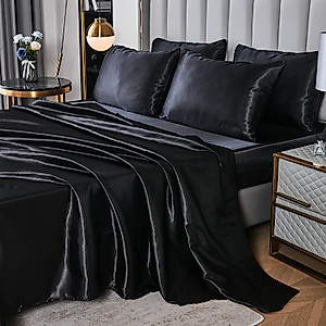 Black Silky Comforter Set Satin Queen Bed in a Bag 8 Pieces Luxury Hotel Silky Bedding with 1 Comforter, 1 Flat Sheet, 1 Fitted Sheet, 4 Pillowcases, 1 Cushion Cover (Queen, Black)