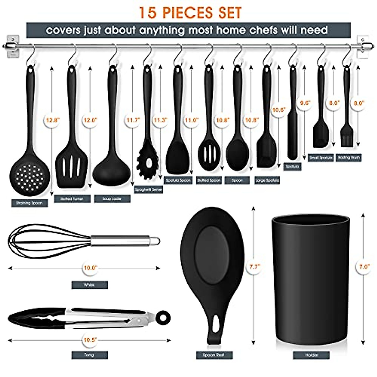 Kitchen Utensils Set, E-far 15-Piece Silicone Cooking Utensils with Holder, Non-stick Cookware Friendly & Heat Resistant, Includes Ladle Spatula Spoon Slotted Turner for Cooking & Baking (Black)