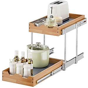 OCG Pull Out Drawers For Cabinets 14" W x 21" D, 2 Tier Heavy-Duty Slide out Wood Drawer Shelf, Pull Out Drawer for Cabinets, Base Cabinet Organization ​for Kitchen, Pantry, Bathroom