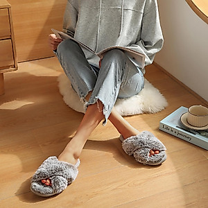 Cozyfurry Womens Cross Band Slippers Cozy Furry Fuzzy House Slippers Open Toe Fluffy Indoor Shoes Outdoor Slip on Warm Breathable Anti-skid Sole Tip Grey 9-10 L