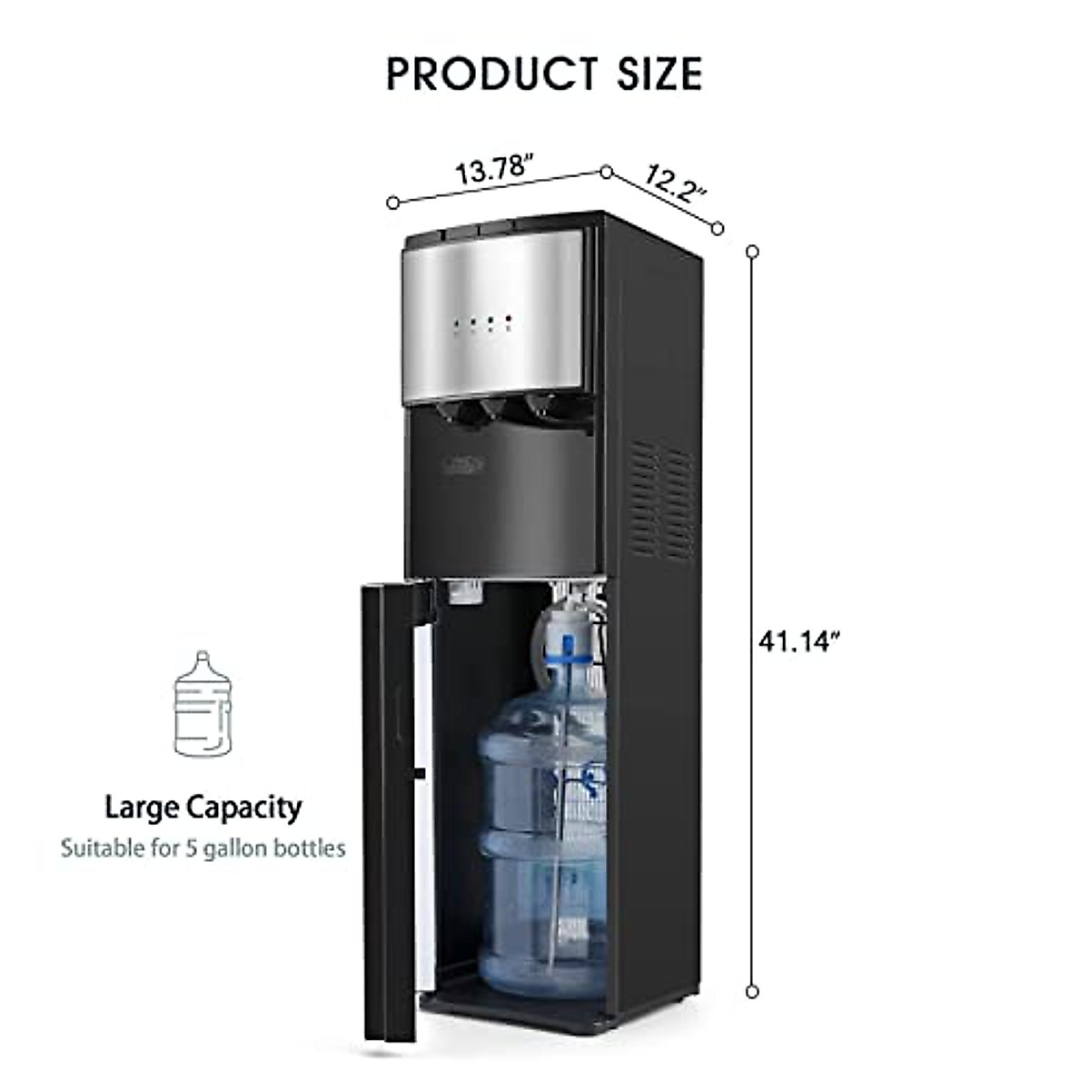 Bottom Loading Water Dispenser 5 Gallon,Hot Cold and Room Water Cooler with 3 Temperature Spouts, Empty Bottle Indicator Child Safety Lock Stainless Steel Black Home and Office Use