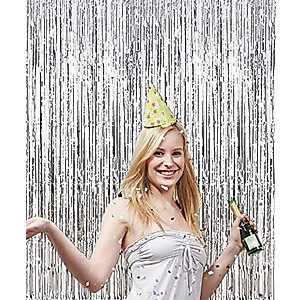 2 Pcs 3.2ft x 8.2ft Shiny Silver Metallic Tinsel Foil Fringe Curtains Photo Booth Backdrop for Birthday Wedding Holiday Celebration Bachelorette Party Decorons (Silver)