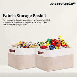 AMerryApple - Storage Basket | Collapsible Storage Bins | Sturdy Bins for Organizing | Fabric Storage box for Towels Toys, Clothes, Closet, and Shelves | Pack of 4 | Beige and White | 15" x 10" x 9.5"
