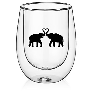 Double Wall Insulated Glass Hand Blown Stemless Wine Glass Coffee Mug Gift Elephants Making Heart