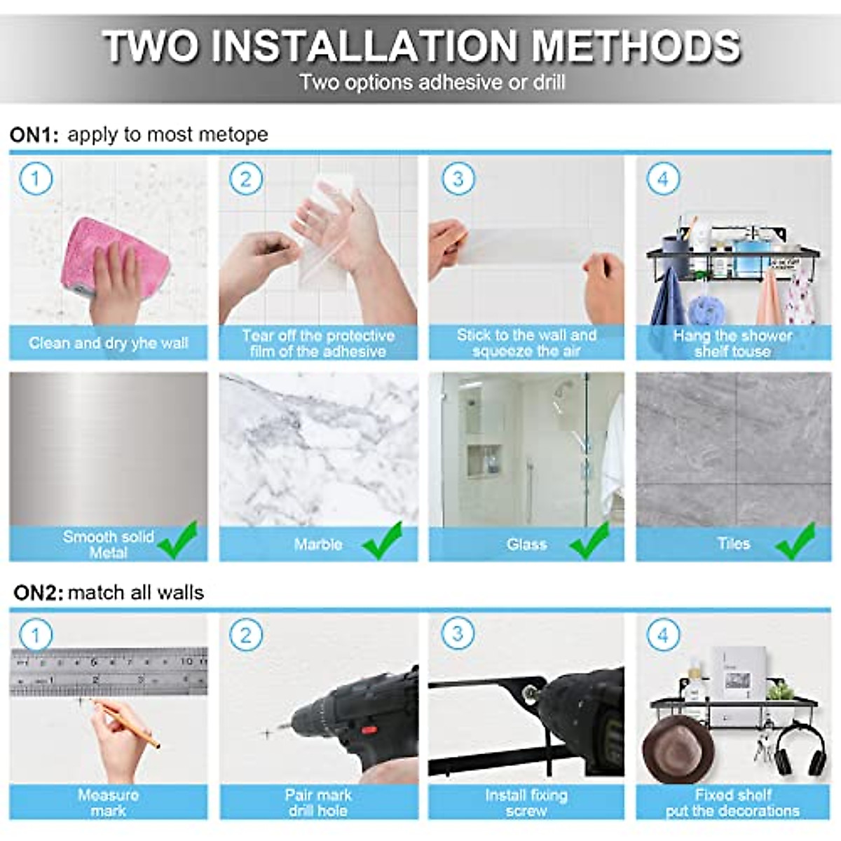 YULIFST 5Pack Shower Caddy Shower Shelves Shelf with Hooks Storage Rack Organizer Stainless Steel Caddy with Hairdryer Holder Soap Holder and Toothbrush Holder for Bathroom, Washroom, Kitchen (Black)