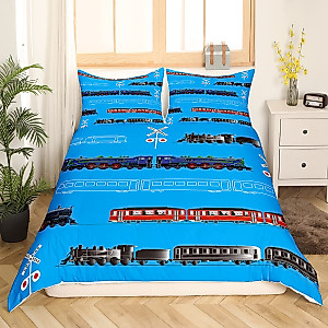 Feelyou Train Kids Boys Duvet Cover Retro Steam Engine Toddler Bedding Set for Teens Railway Track Transport Comforter CoverRed Blue Black Decor Quilt Cover Room 3Pcs Queen Size,Zipper…