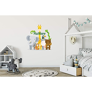 Custom Name Jungle Animals Wall Decal - Baby Safari Zoo Animals Series Theme Wall Art Decal - Wall Decal for Nursery Bedroom playroom Decoration (Wide 16"x16" Height)
