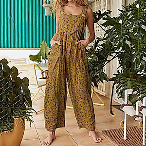 Padaleks Women's Summer Vintage Floral Print Jumpsuits Sleeveless Overalls Romper Boho Baggy Long Pants w/Pocket