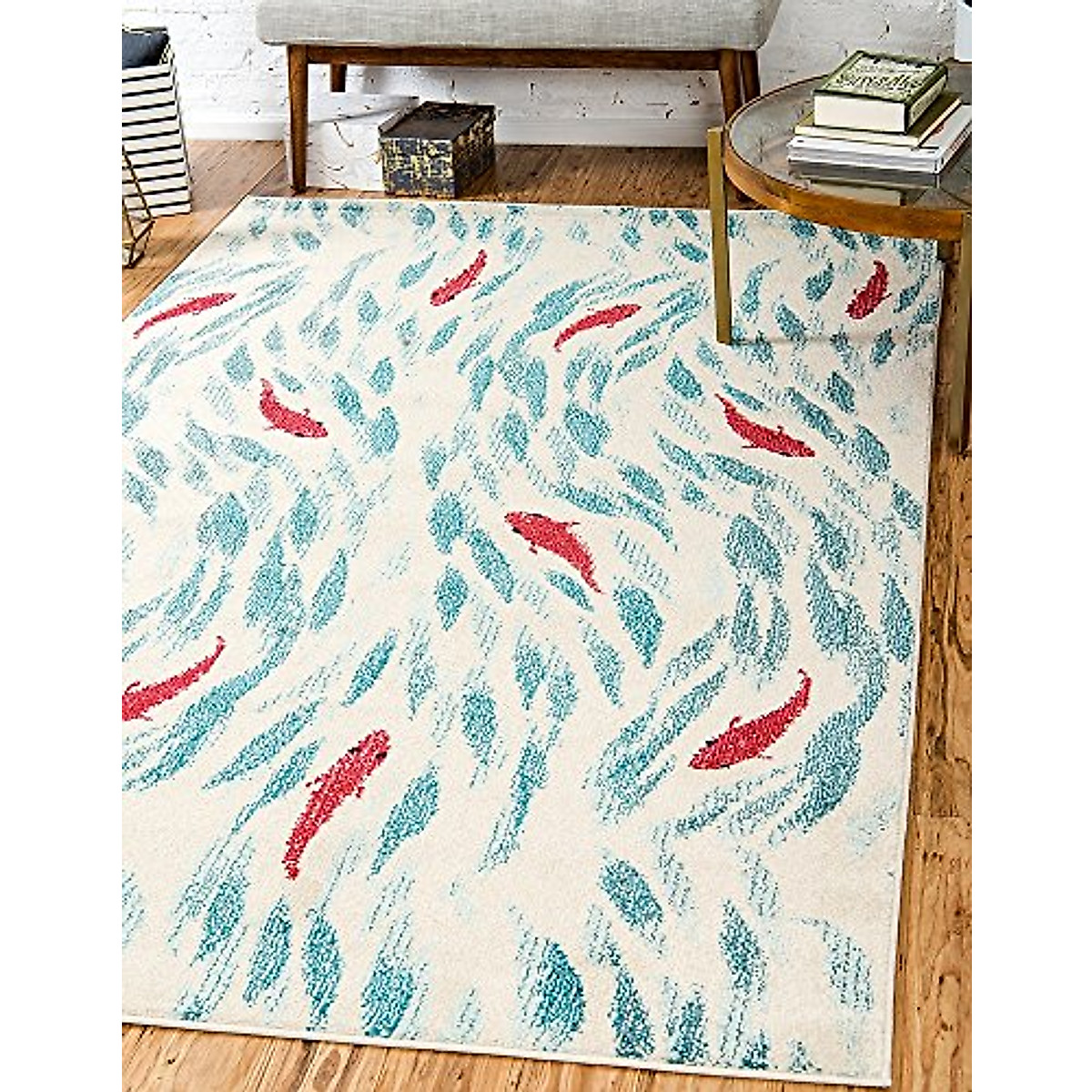 Unique Loom Positano Collection Coastal Modern Bright Colors Fish Beige Area Rug (5' x 8')