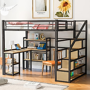 MiHunnor Metal Full Size Loft Bed with Built-in Desk, Multi-Functional Loft Bed with Storage Shelf and Storage Staircase, Space-Saving Design Loft Bed for Bedroom