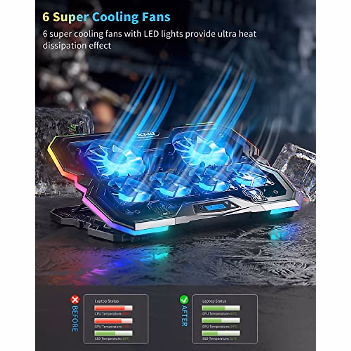 KeiBn Upgrade Laptop Cooling Pad A13,RGB Lights Laptop Cooler 6 Fans for up to 15.6 Inch Laptops,10 Modes Light, 7 Height Stands, 2 USB Ports - Blue