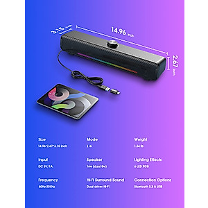 NOOTRY Computer Speakers, Bluetooth RGB Laptop SoundBar, 16W Dual HiFi Stereo with 6 LED Color Mode Soundbar, USB Powered Computer Speakers for Monitor, Phone, PC, Laptop