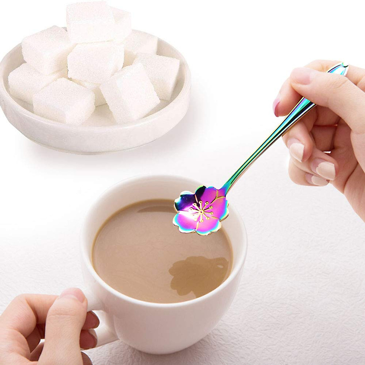 SelfTek 8Pcs Rainbow Flower Spoon Set, 2 Different Size Colorful Stainless Steel Reusable Teaspoons Coffee Sugar Stirring Spoon Dessert Cake Spoons Tea Scoops Table Spoon Mixing Spoon Ice Tea Spoon
