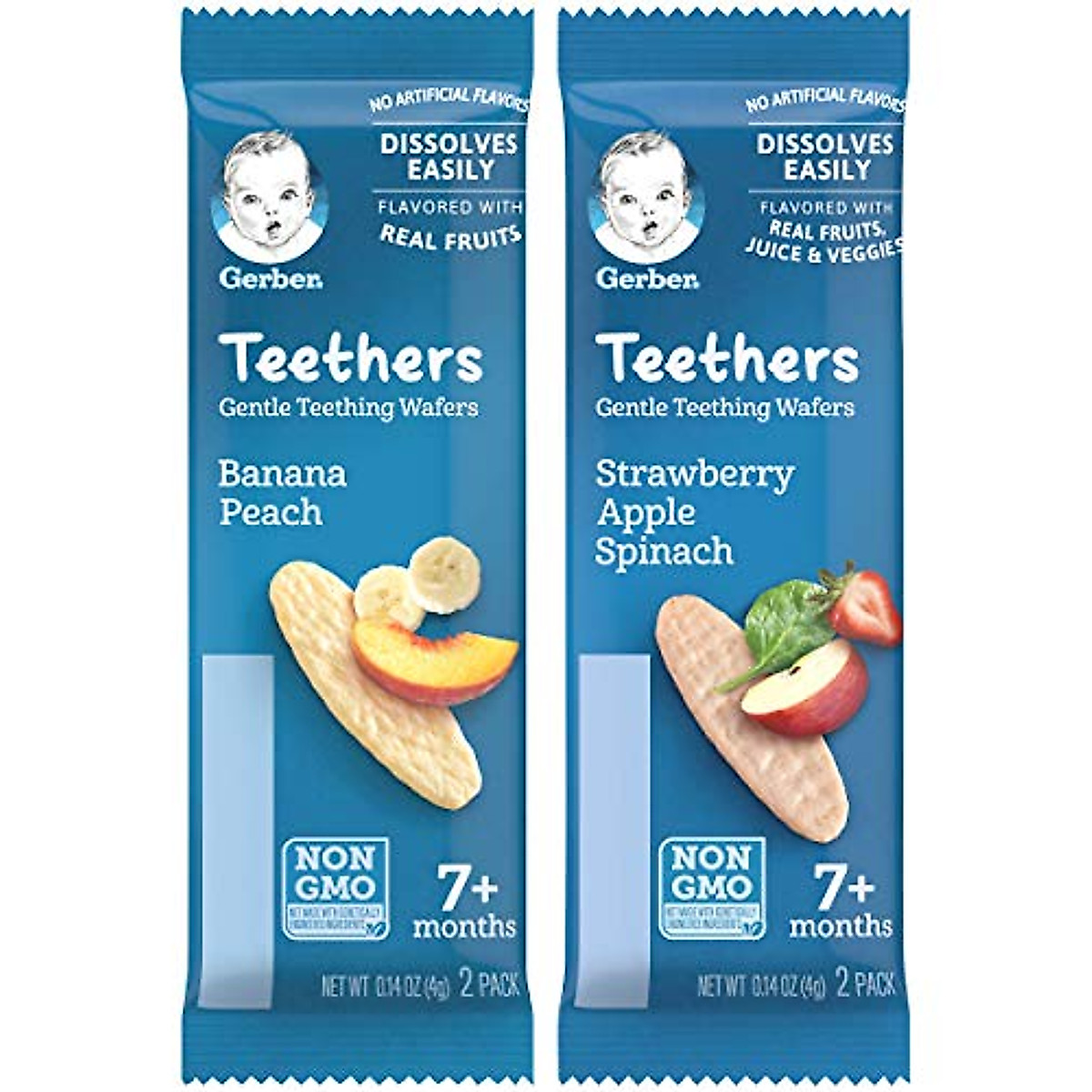 Gerber Teethers Gentle Teething Wafers Variety Pack - 1 Box Banana Peach, 1 Box Strawberry Apple Spinach - 12 CT/Box (Pack of 2 Boxes)