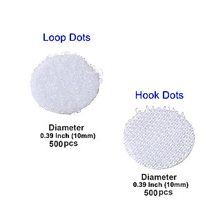 Self Adhesive Dots, 1000Pcs(500 Pair Set) 0.39 Inch / 10mm Diameter Hook and Loop Dots Tape, 10mm Nylon Sticky Back Coins, Suitable for Classroom, Office, Home, White