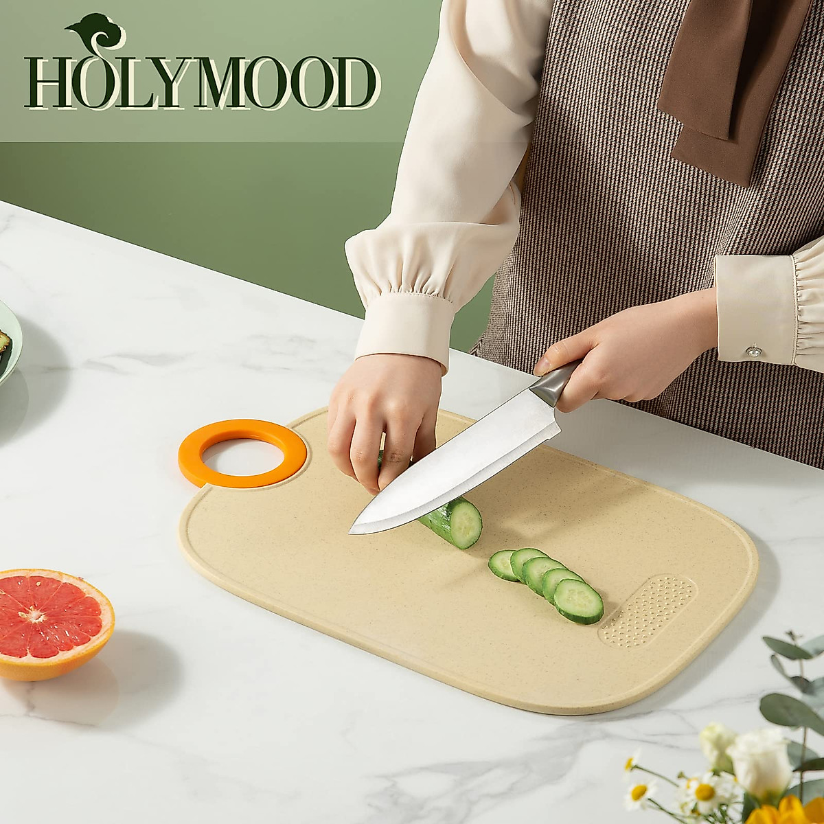 Holymood Cutting Board for Kitchen, Chopping Board with Juice Grooves, Dishwasher Safe, Cute Wheat Straw Non-Porous Cutting Boards , Easy-Grip Handle, Non-slip, Grinding Area