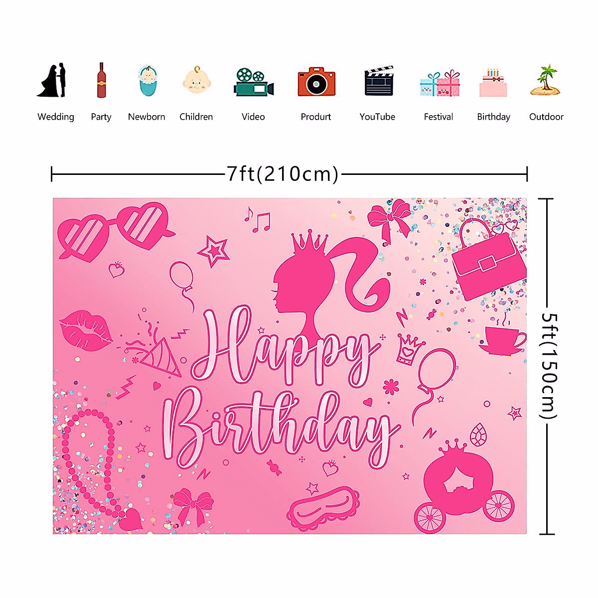 Pink Diamond Sequins Princess Happy Birthday Backdrop Girl Birthday Ball Party Banner Decoration Background Pink Room Birthday Party Photography (5x3FT(150x90cm))