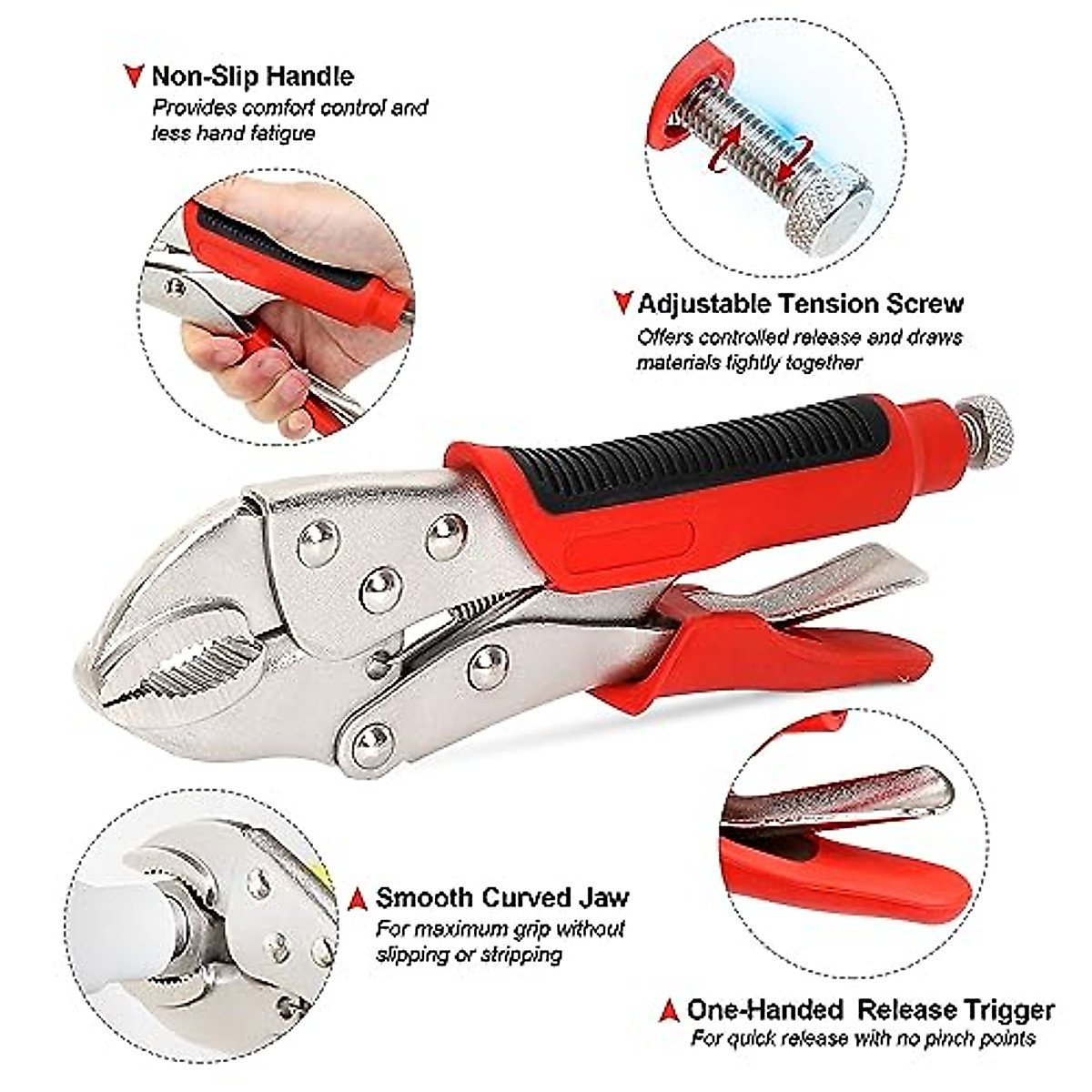 FASTPRO 4-Piece Locking Pliers Set With Heavy Duty Grip, 5", 7" and 10" Curved Jaw Locking Pliers, 6-1/2" Long Nose Locking Pliers Included, Vise Grip Wrench Set