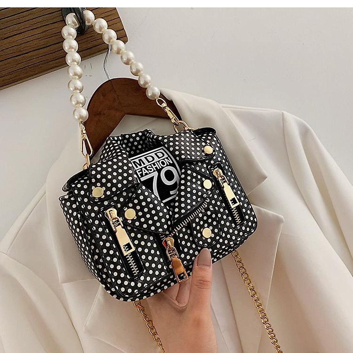 Classic Polka-dot Style Cross Body Bag for Women with Pearl Band, PU Leather Hip-hop Style Chain Handbags (Black)