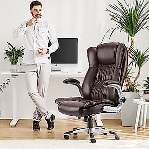 Ergonomic Office Chair High Back Executive Office Desk Chairs with Lumbar Support Flip-up Padded Armrests, PU Leather Office Chair Big and Tall Computer Desk Chair Adjustable Height, Brown