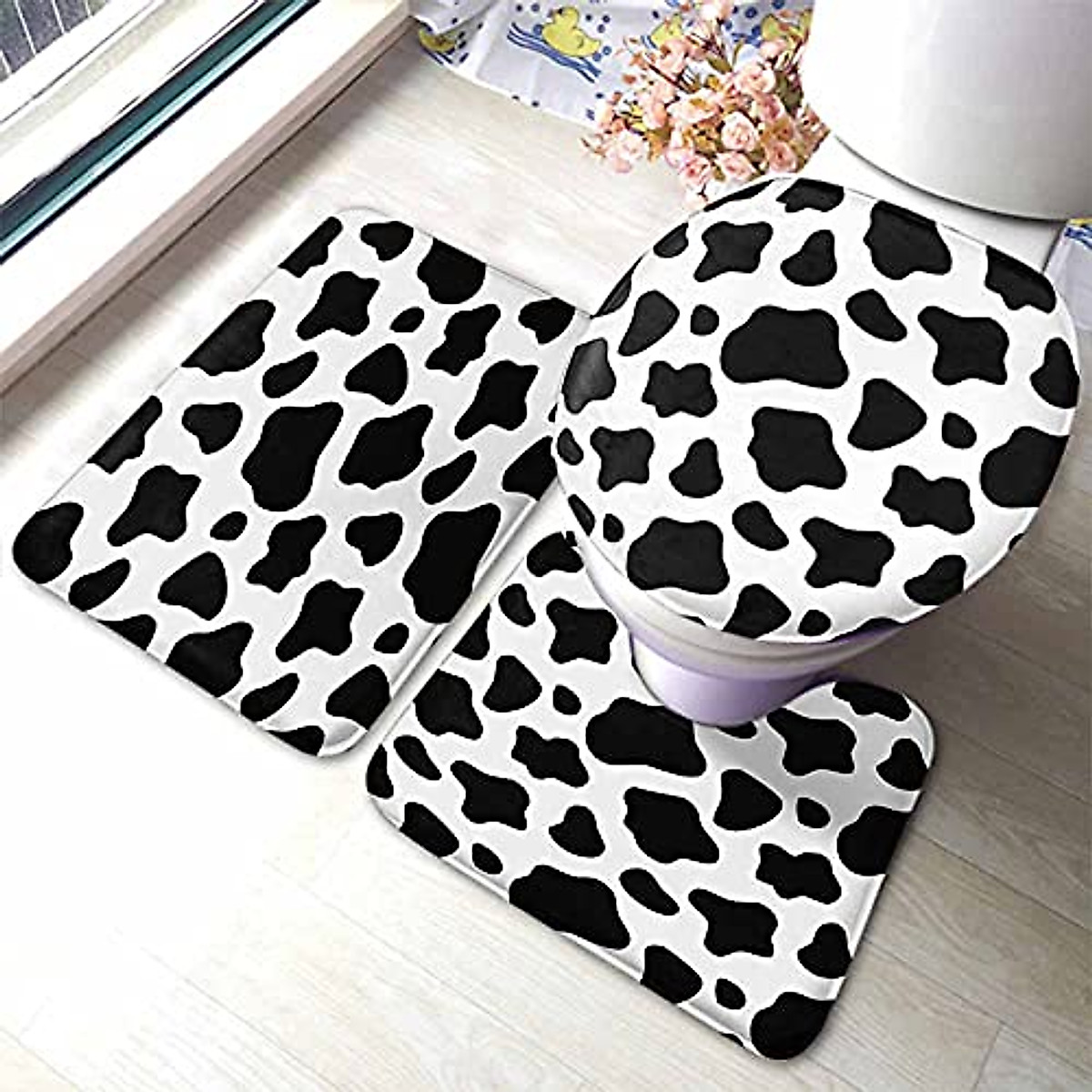 AOYEGO Black and White Cow Pattern 3 Pieces Bathroom Rugs Set Spots Farm Milk Animal Skin Camouflage Non Slip 23.6X15.7 Inch Soft Absorbent Polyester for Tub Shower Toilet