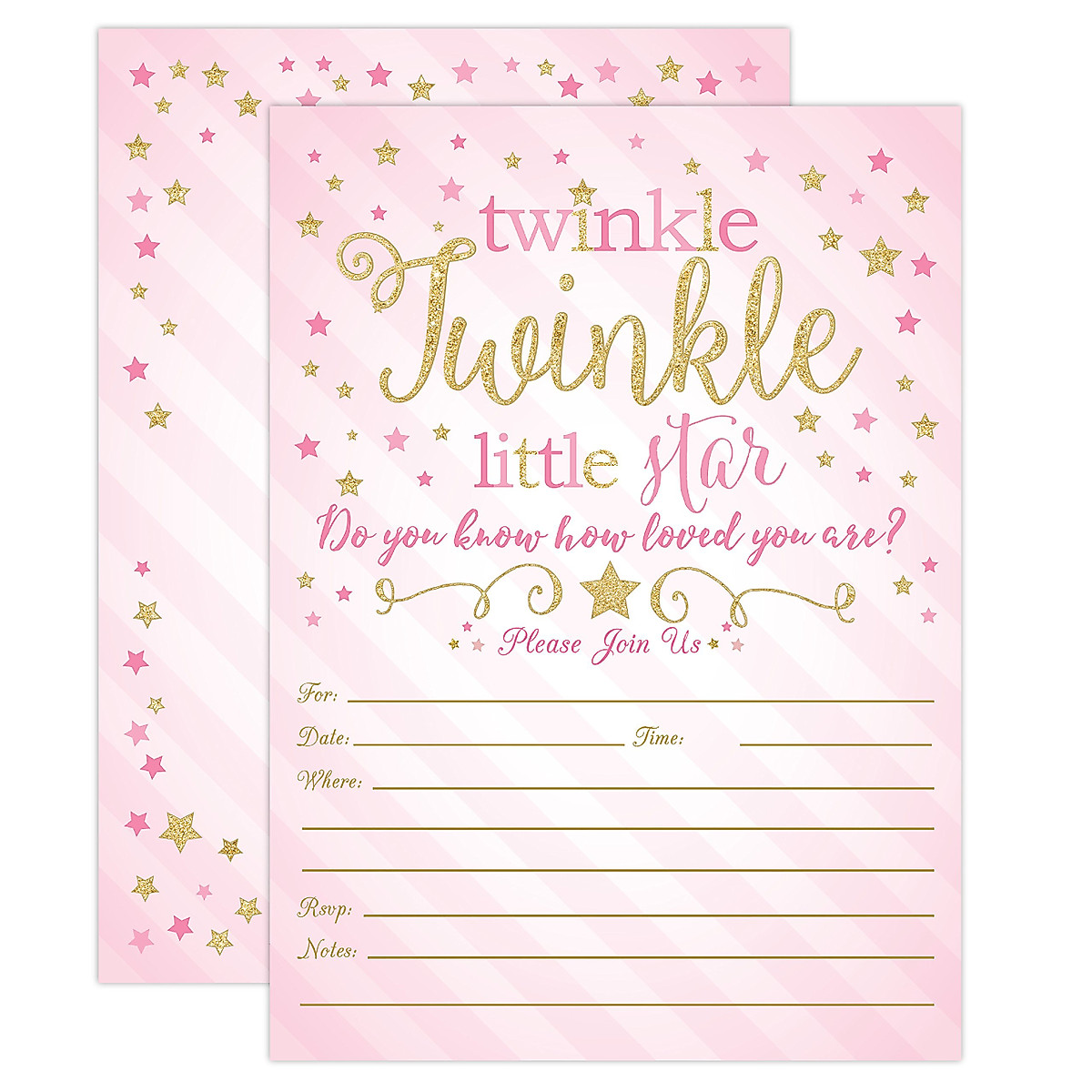 Your Main Event Prints Twinkle Twinkle Little Star Baby Shower Invitations - Pink and Gold Twinkle Twinkle Little Star Girl Baby Shower Invites - 20 Fill-In Style With White Envelopes
